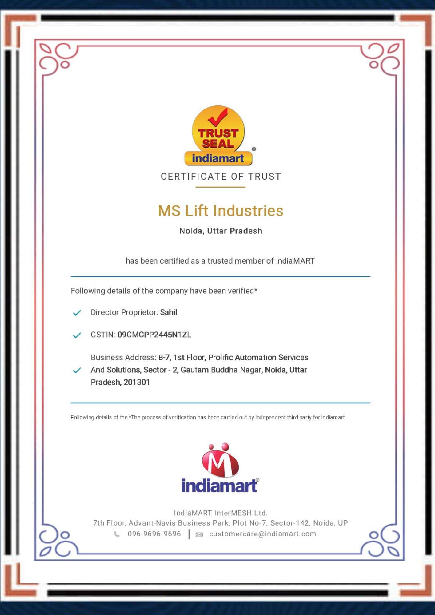 Certificate – MS Lift Industries